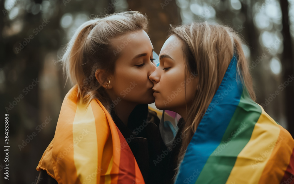 Two lesbian women couple sharing a kiss, holding a LGBT rainbow flag. Concept of LGBT love ...