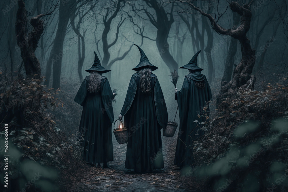 A gloomy dramatic background, witches in black cloaks perform a ritual ...