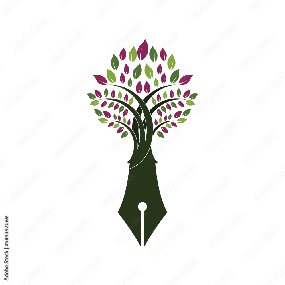 Tree pen vector logo design template. Writer and nature logo concept ...