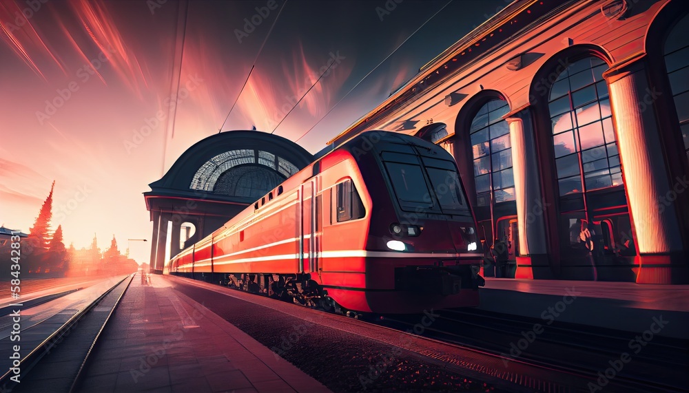 Beautiful railway station with modern red commuter train Stock ...