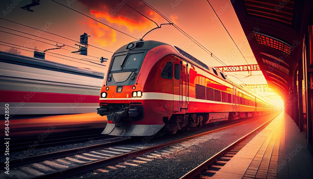 Beautiful railway station with modern red commuter train Stock ...