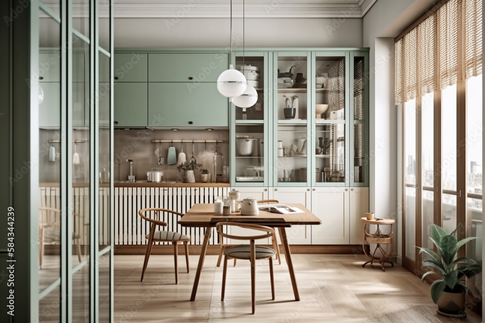 White folding reeded glass partition, design kitchen cabinet, dining ...