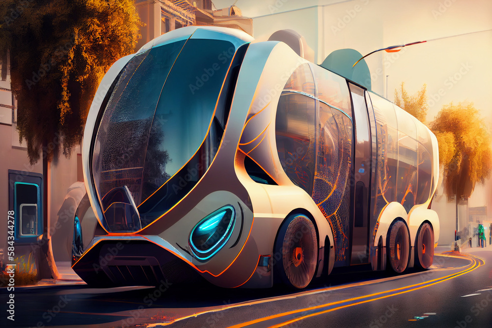 Futuristic electric passenger city bus driving trough modern town ...