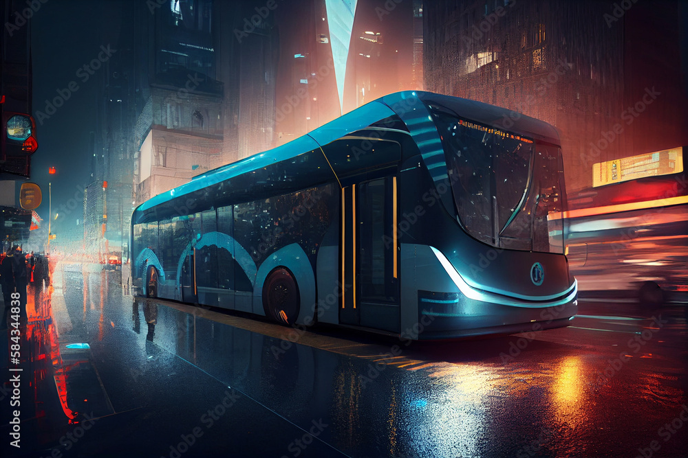 Futuristic electric passenger city bus driving trough modern town ...