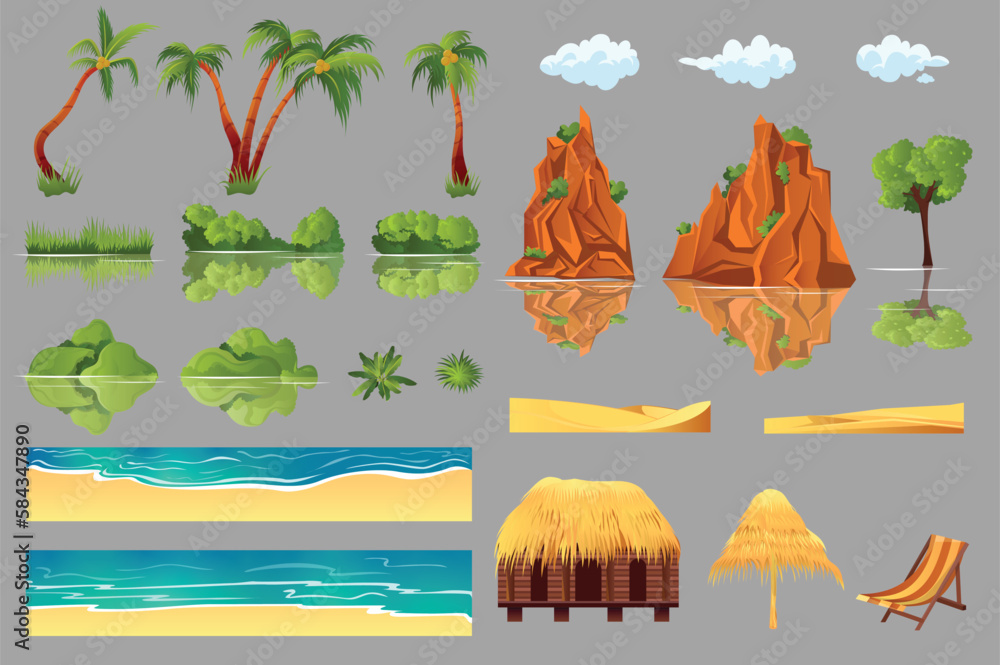 Set of beach concept in the flat cartoon design on a grey background ...