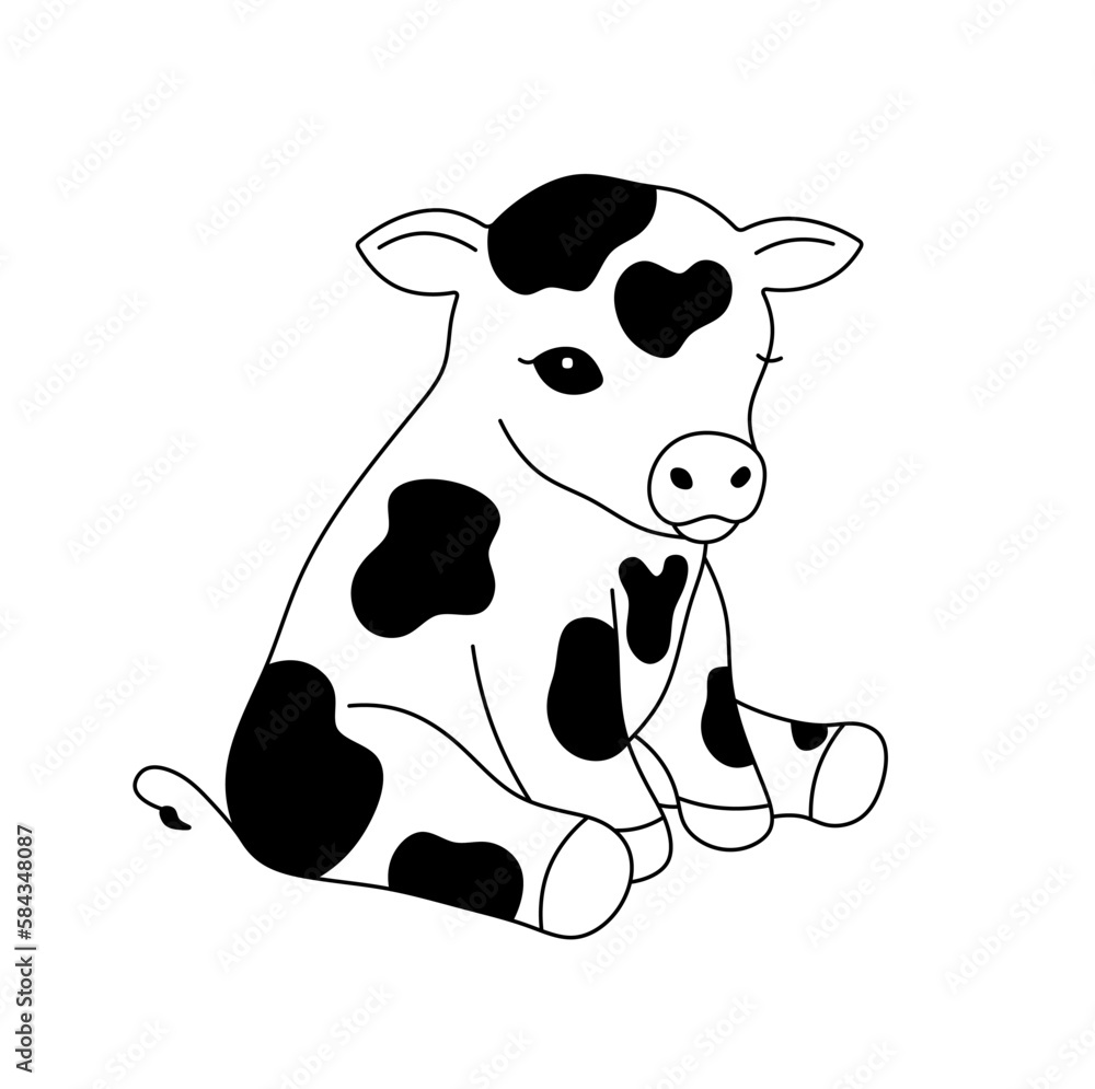 Vector isolated one single sitting little spotted calf cow colorless ...