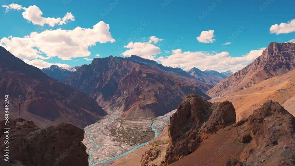 4K shot of the confluence of the River Pin and River Spiti as seen from ...