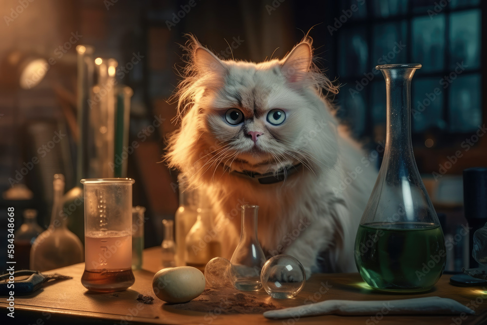 A white cat scientist behind a laboratory table with test tubes and ...