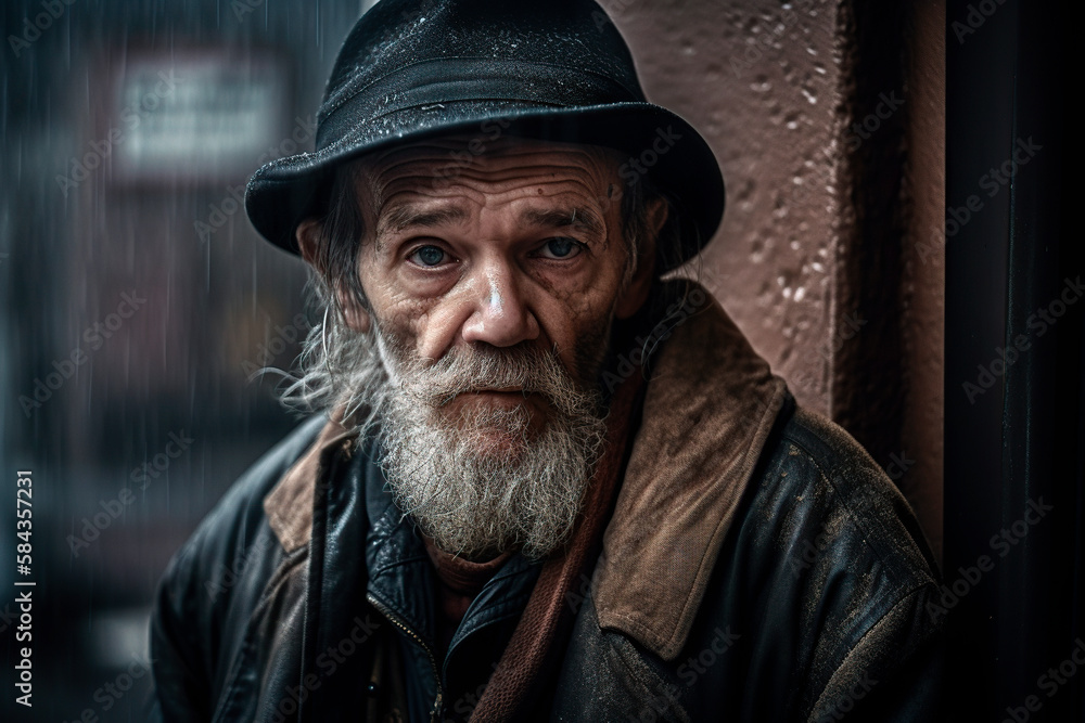 old homeless man in the street on a rainy day. generated by AI Stock ...