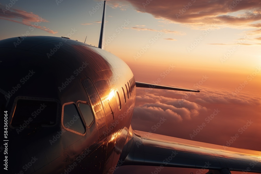 airliner soars high in the sky. The warm colors of the sky complement ...