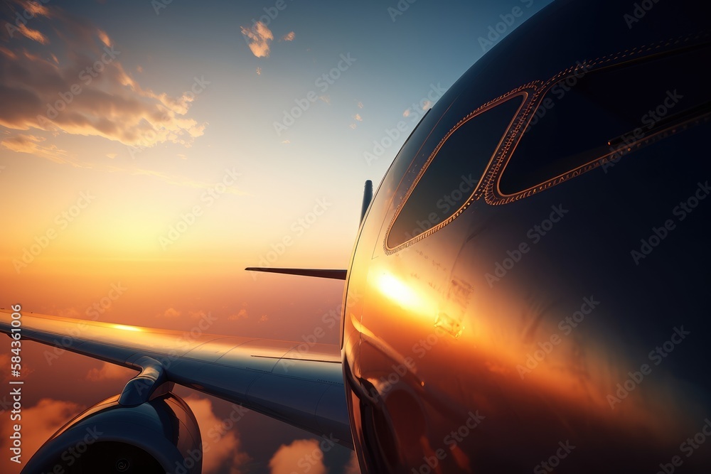 airliner soars high in the sky. The warm colors of the sky complement ...