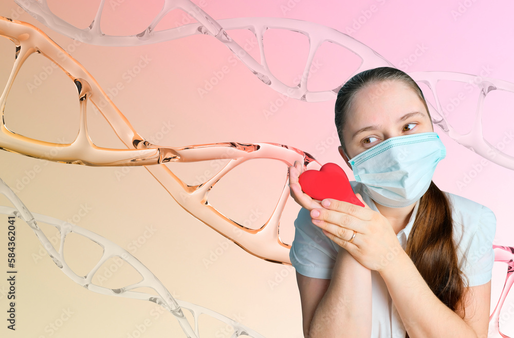 female doctor holds heart model, human dna structure background ...