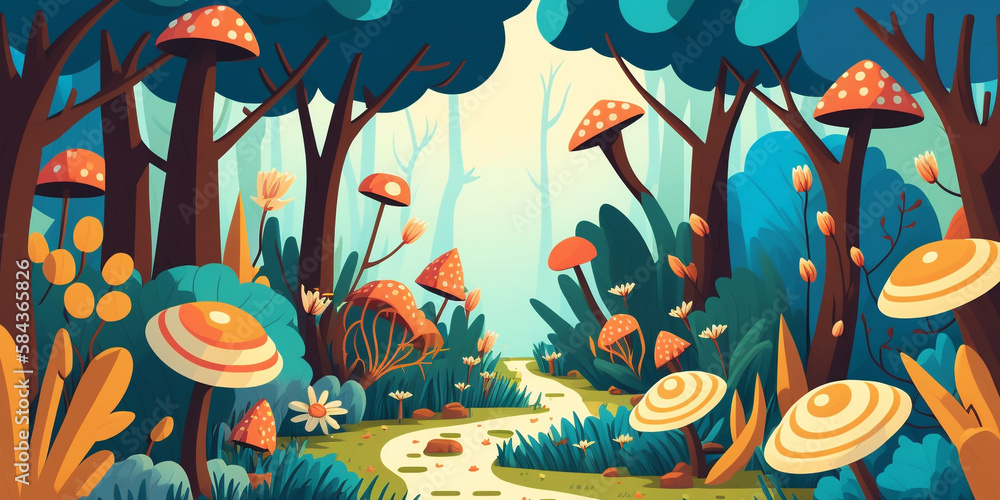 A 2D drawing of a hiking trail through the forest. The drawings are ...