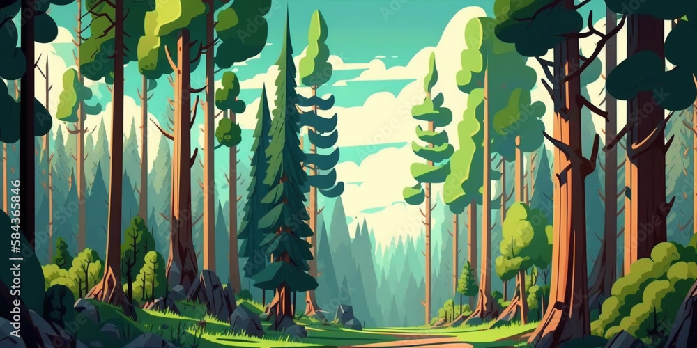 A 2D drawing of a hiking trail through the forest. The drawings are ...