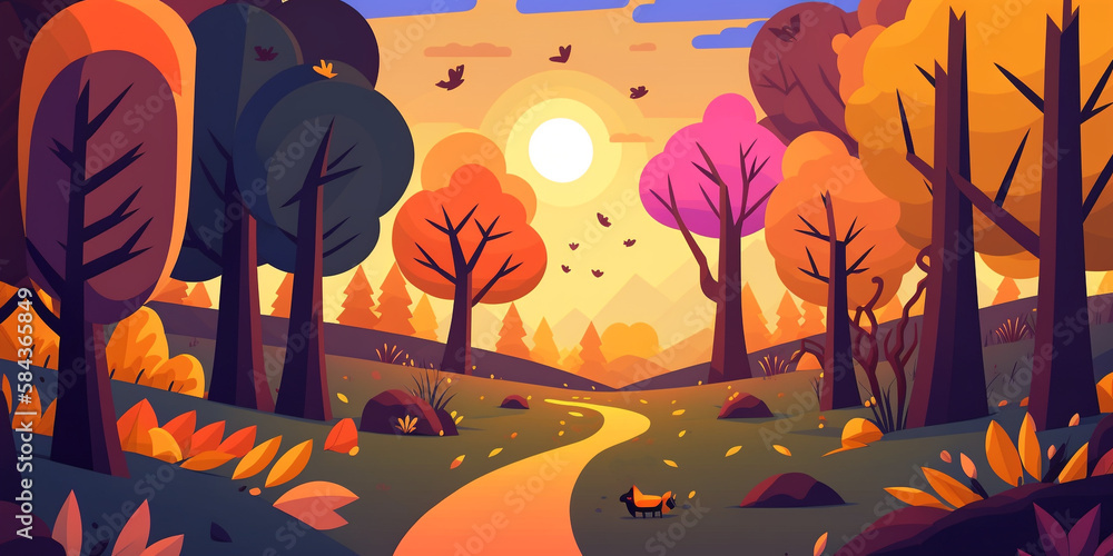 A 2D drawing of a hiking trail through the forest. The drawings are ...