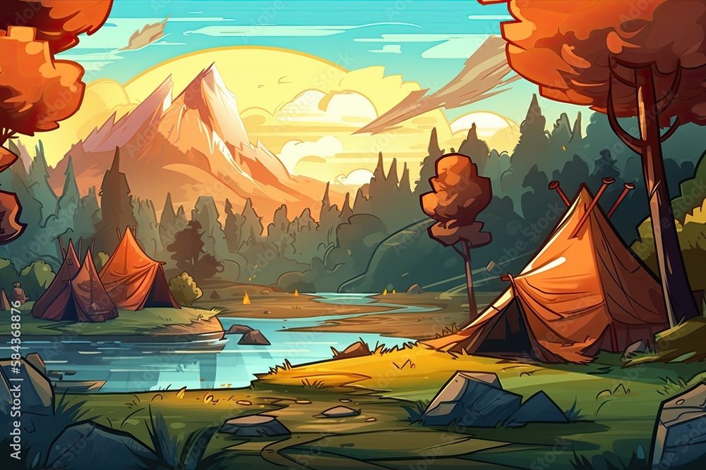 Summer forest or mountain tourist campground or campsite with tents and fireplace, flat cartoon ...