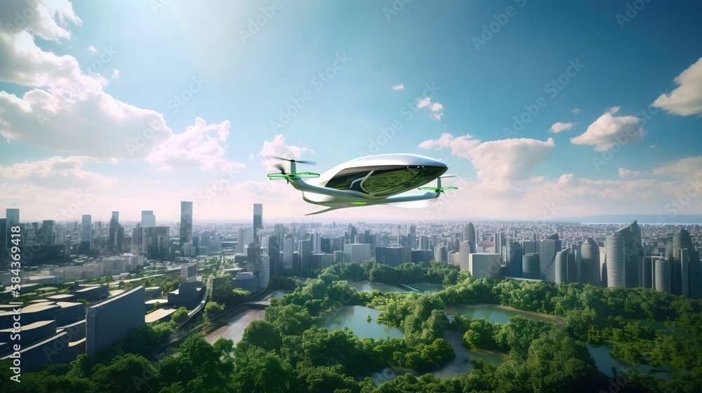Ultra-Realistic Aerial Photograph of VTOL Aircraft over Green Modern ...