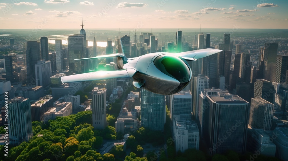 Ultra-Realistic Aerial Photograph of VTOL Aircraft over Green Modern ...