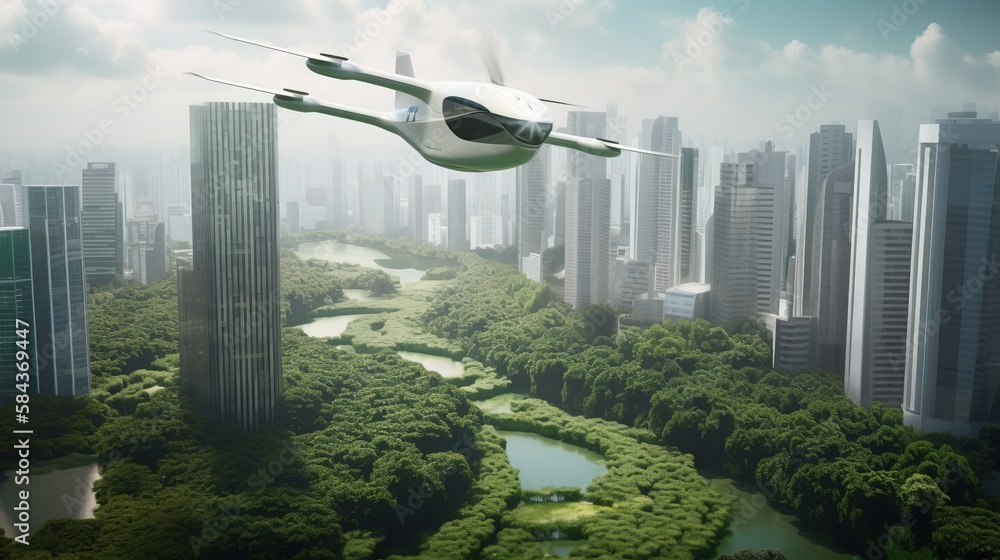Ultra-Realistic Aerial Photograph of VTOL Aircraft over Green Modern ...