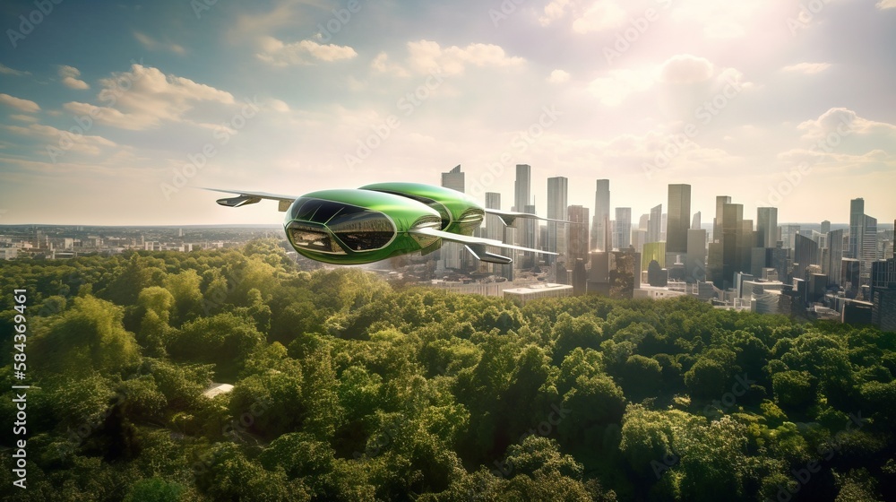 Ultra-Realistic Aerial Photograph of VTOL Aircraft over Green Modern ...
