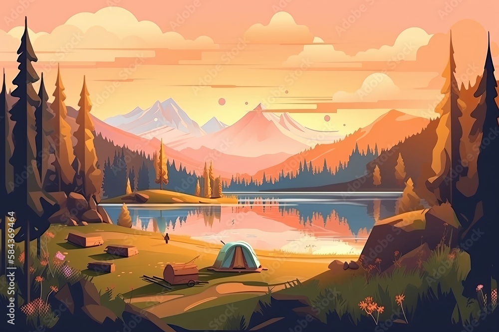Summer forest or mountain tourist campground or campsite with tents and fireplace, flat cartoon ...