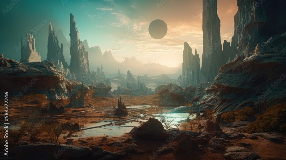 Abstract fantasy space landscape. Star nebulae, month and moon ...