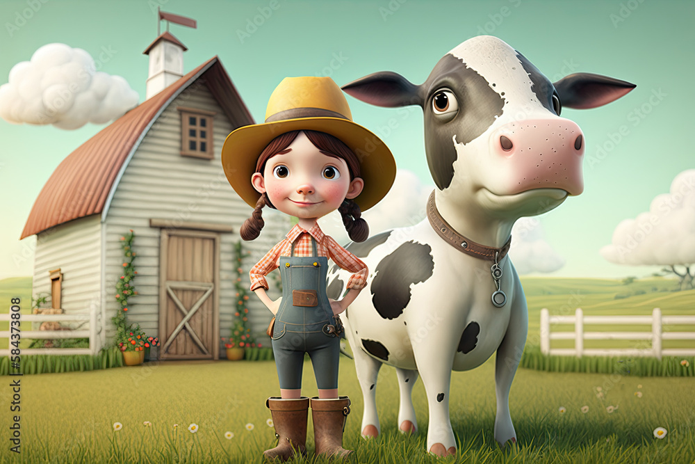 Cute Cartoon Farm Girl with Her Pet Cow (Generative AI) Stock ...