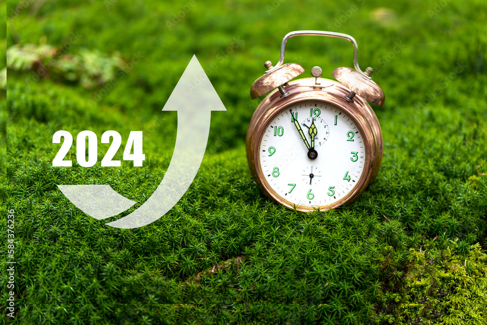 2024 - an alarm clock showing 5 to 12 and standing on green moss as a ...