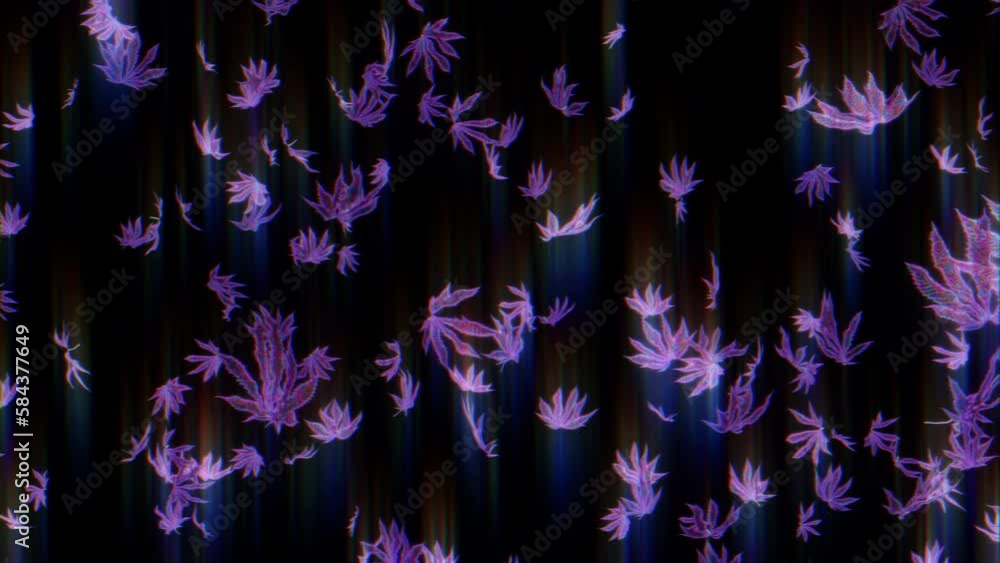 Glowing colorful weed leaves falling down 3d vj loop festival backdrop ...