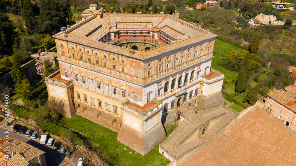 Aerial view of the Villa Farnese, a pentagonal mansion in Caprarola ...