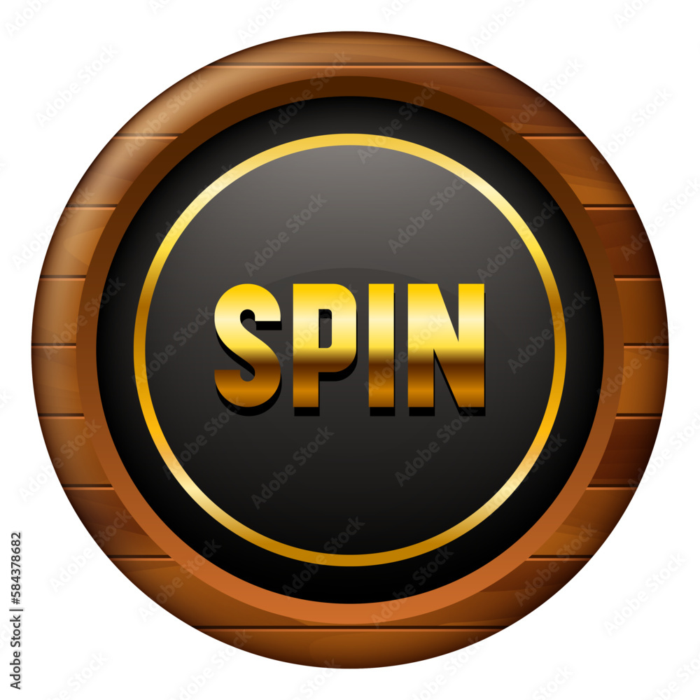 Spin button. Golden letters on a black background with a wooden frame ... Spin button. Golden letters on a black background with a wooden frame ...