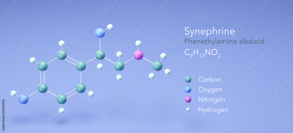 synephrine molecule, molecular structures, phenethylamine alkaloid, 3d ...