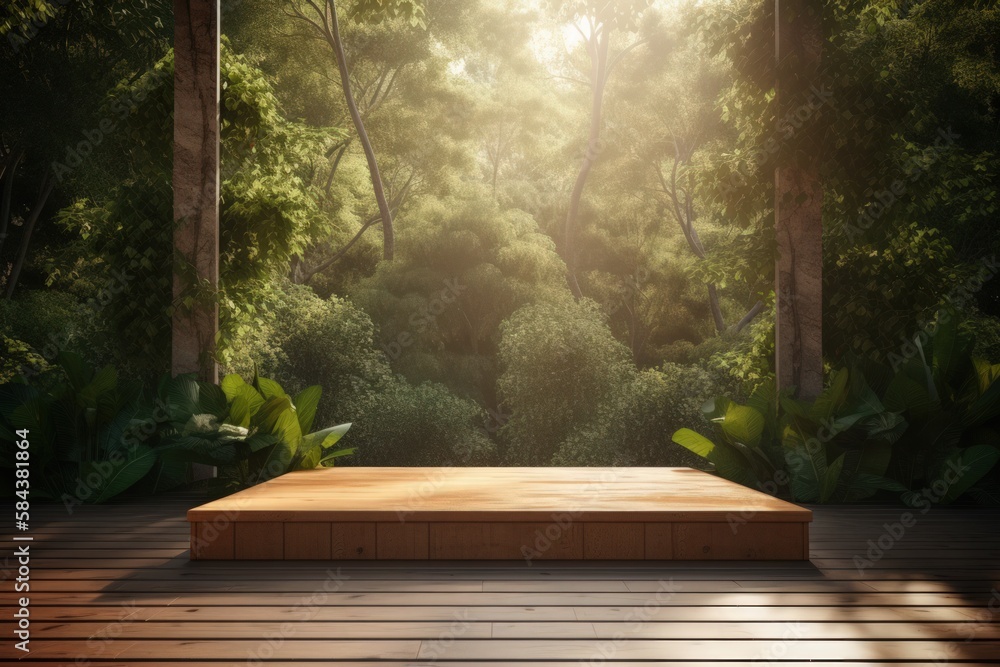 Empty Wooden Stage with Natural Green Leaves Backdrop 3D Rendered in ...