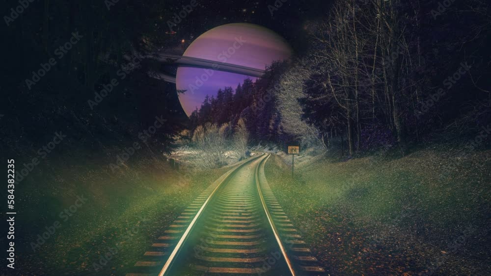 Railroad Space Travel Planets Surrealistic Background Scifi Scene Zoom ...