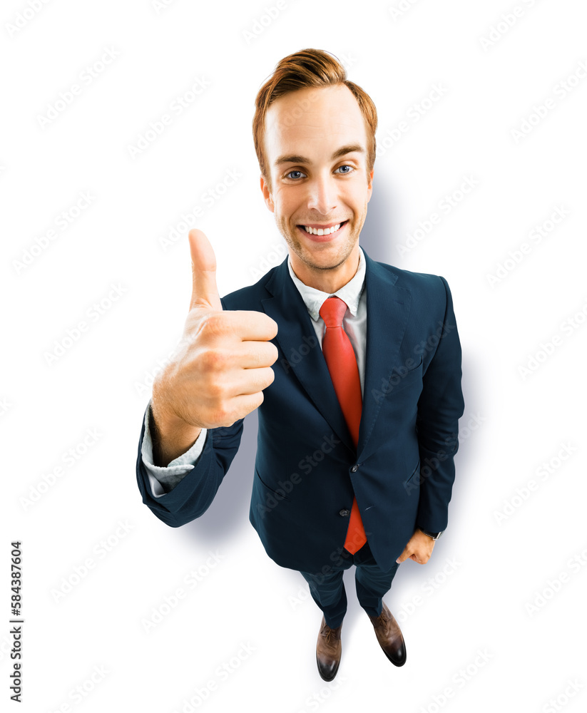 Full body businessman in black suit doing thumb up like, agree hand ...