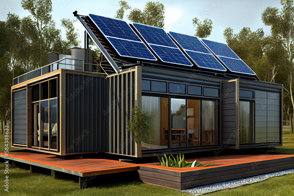 Residential house cottage made of cargo shipping containers. Solar ...