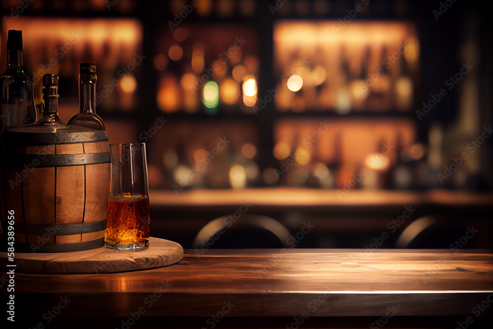 blurred background of bar and dark brown desk space of retro wood, AI ...