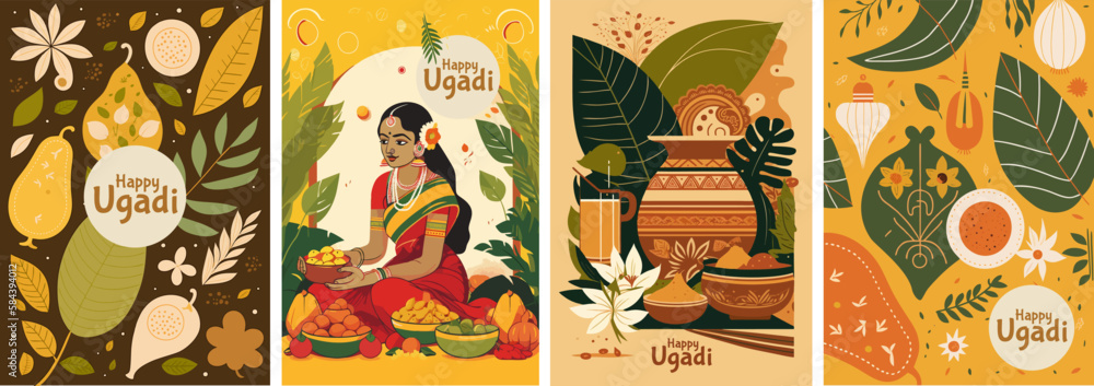Happy Ugadi. Illustration of traditional festival holiday background ...
