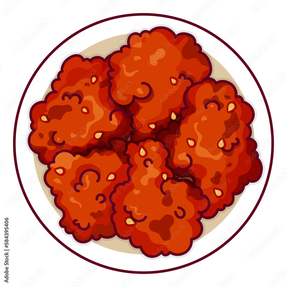 Korean fried chicken on plate recipe illustration vector. Top view ...