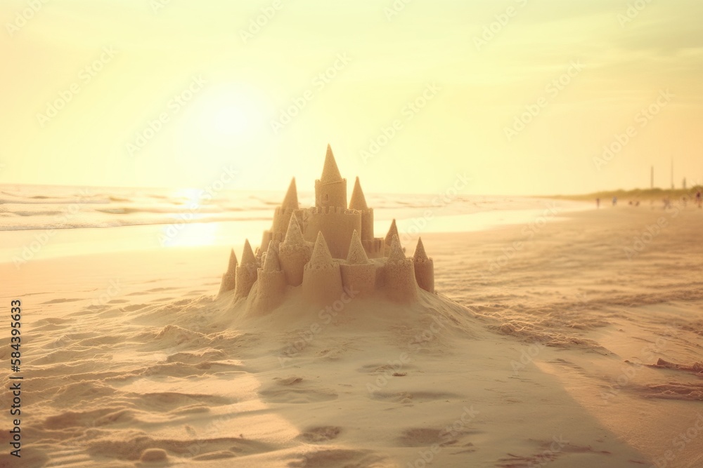 a sand castle on a beach with the sun setting in the background and ...