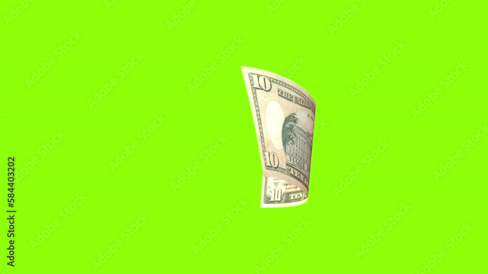 A ten-dollar bill moving in 3D animation video on green screen ready to ...