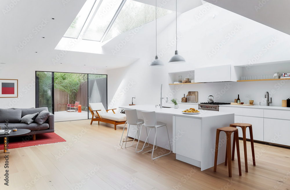 Generative AI illustration of a dining room with an open kitchen and ...