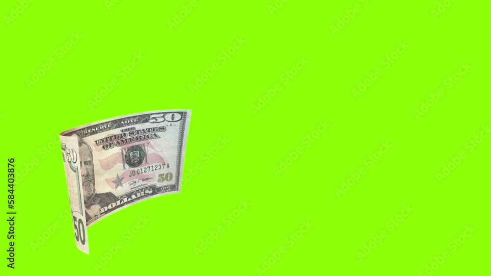 A fifty-dollar bill falling down in 3D animation video on green screen ...