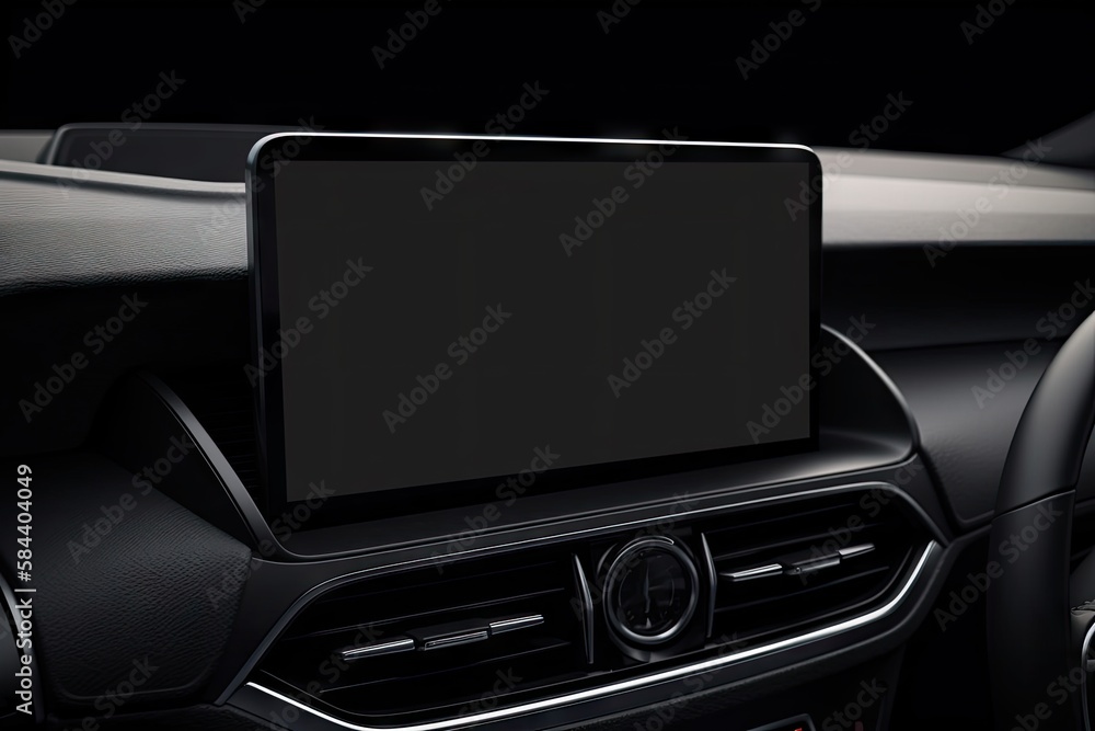 An empty monitor screen is displayed on the dashboard of a car. Mockup ...