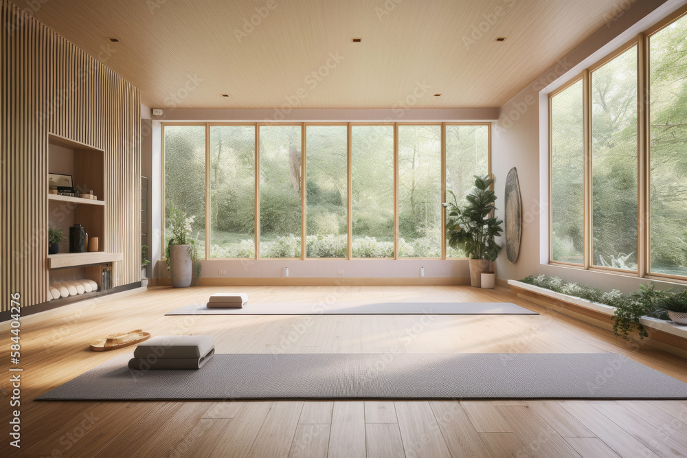 A serene and calming yoga room with bamboo floors, natural wood ...