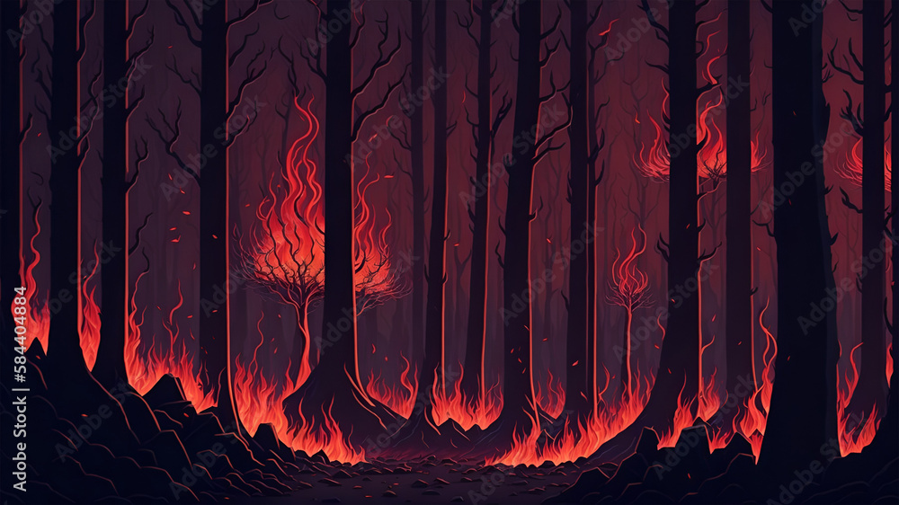 Wildfire, forest burning, 4k digital painting. Illustration of trees ...