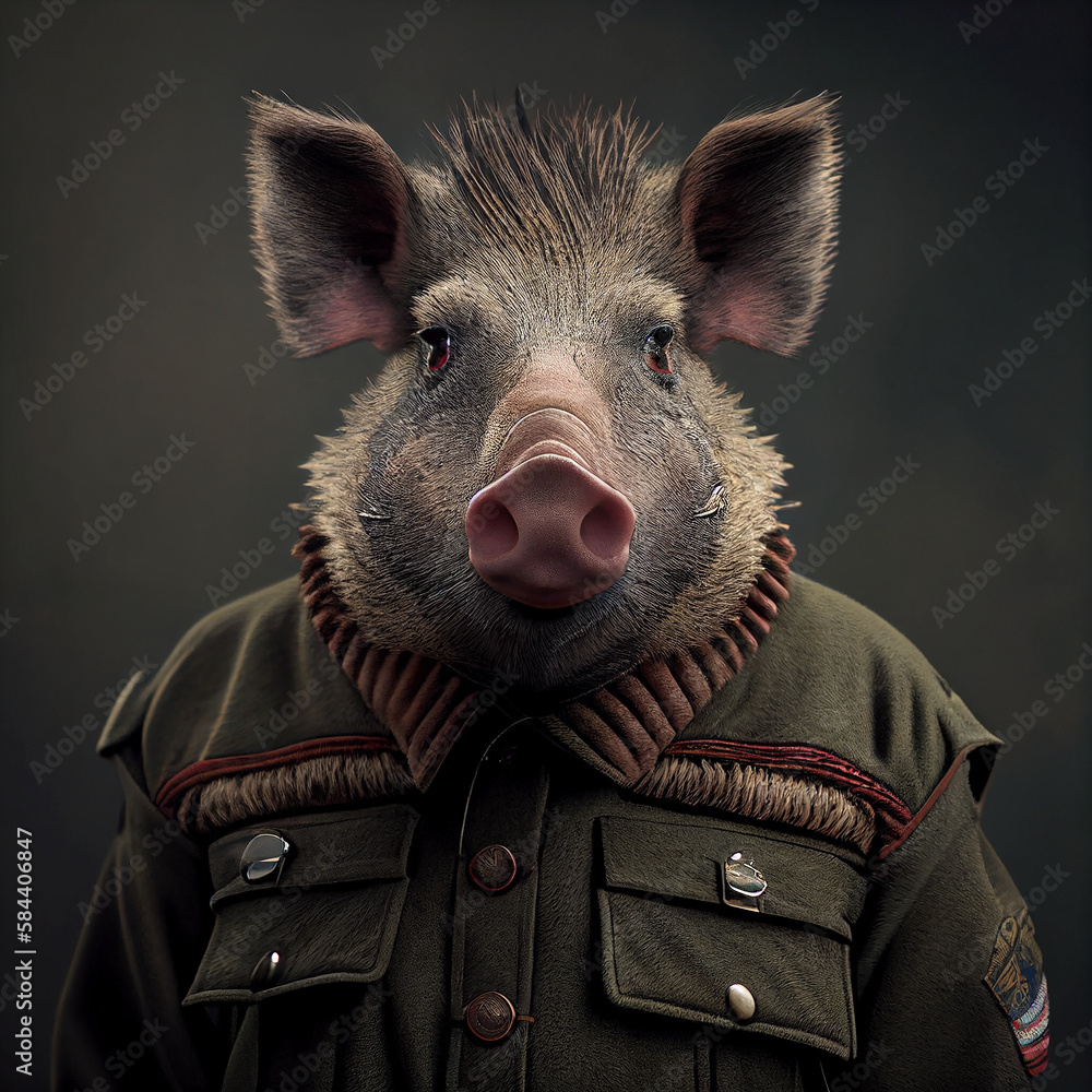 Realistic lifelike boar pig in dapper military army formal suit shirt beret, commercial ...
