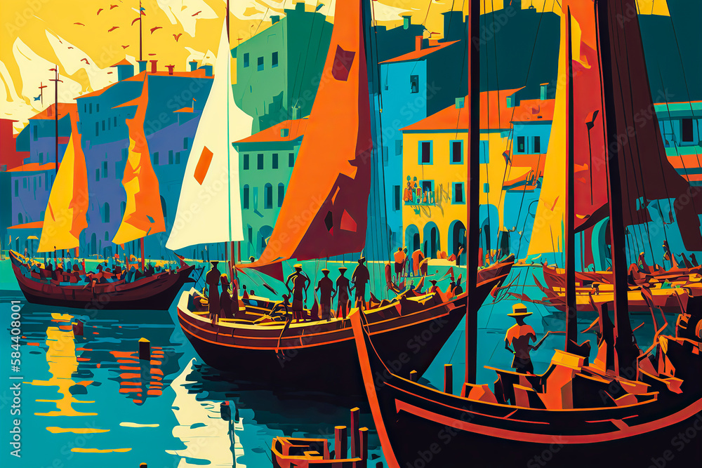 Lively harbor scene with brightly colored fishing boats and traditional ...