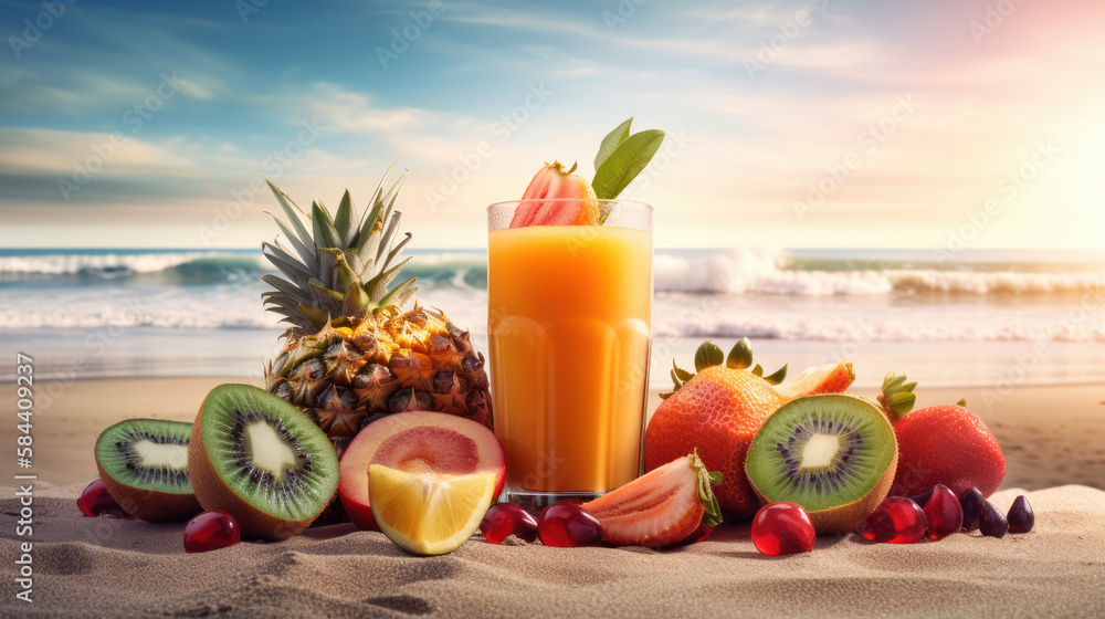 Cocktail de jus de fruits frais sans alcool présenté sur la sable avec ...