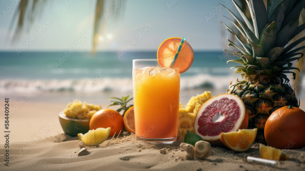 Cocktail de jus de fruits frais sans alcool présenté sur la sable avec ...